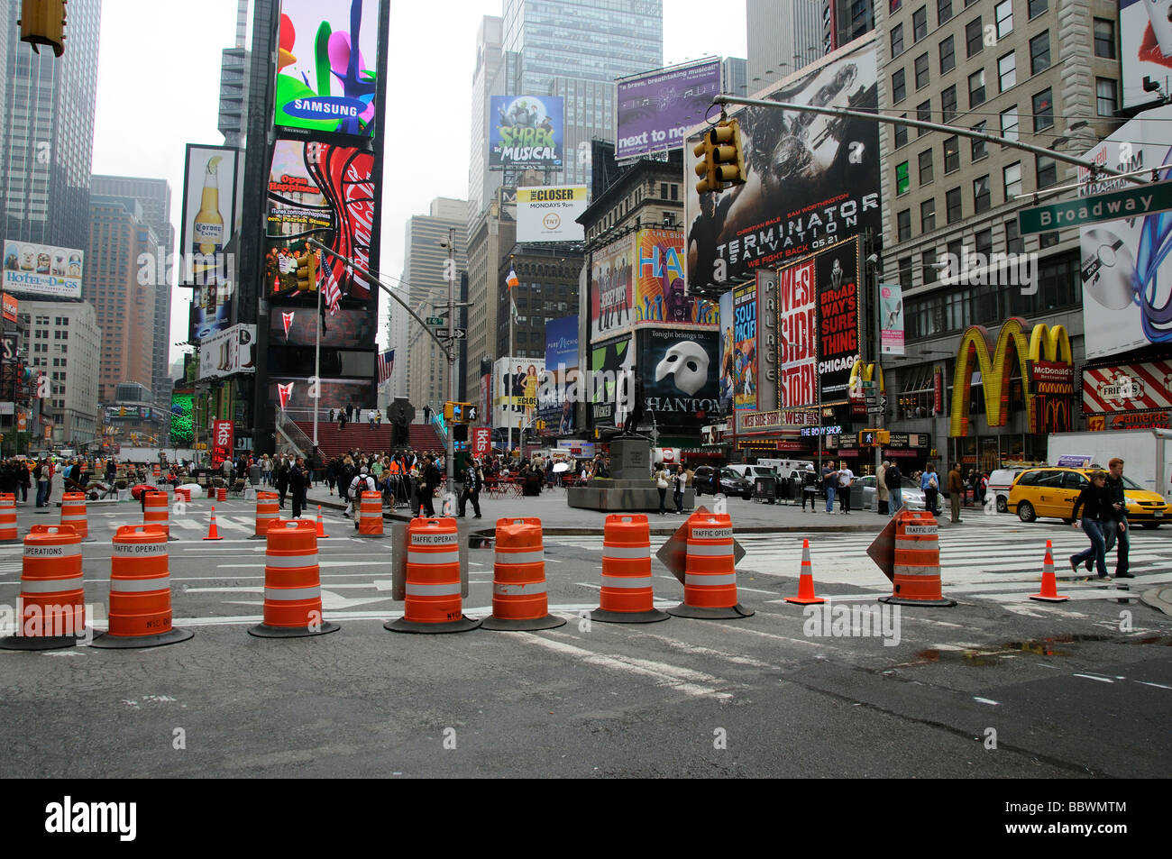 Traffic cones form a pedestrian mall at road closure on Broadway at ...
