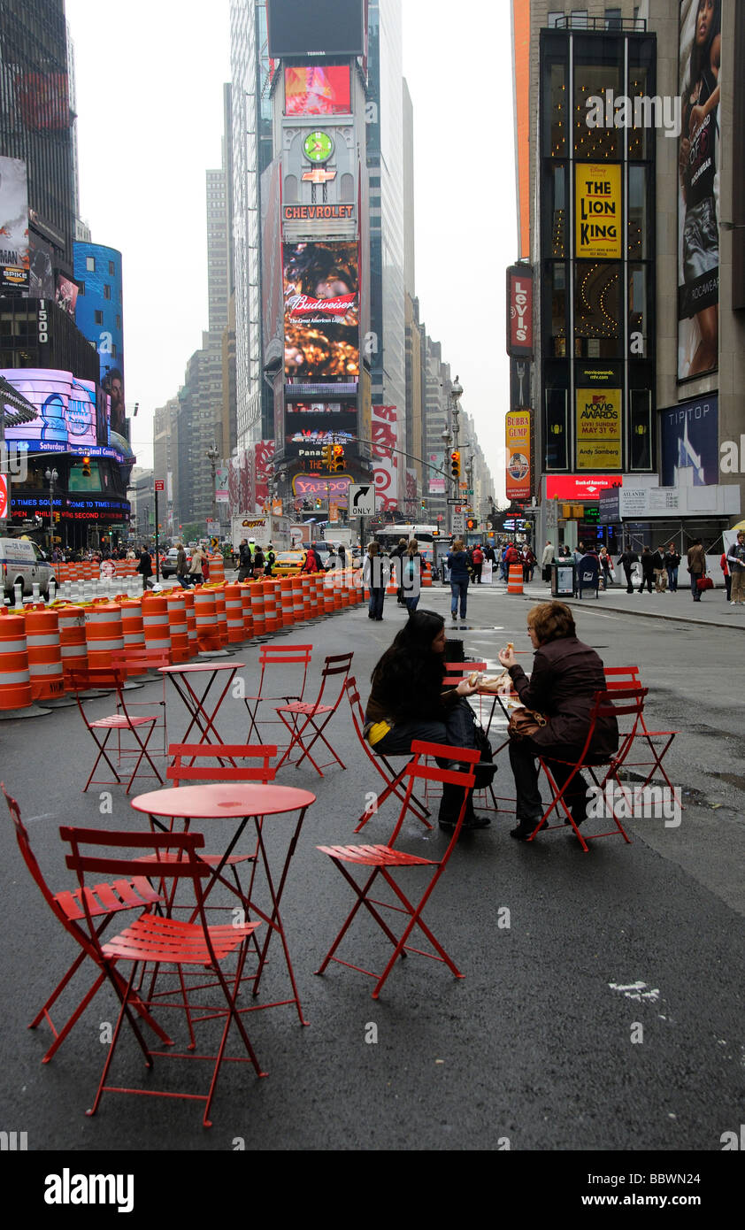 Traffic cones form a pedestrian mall at road closure on Broadway at ...