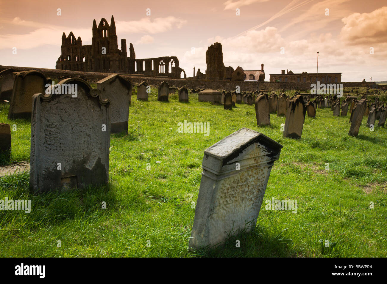 Whitby Abbey viewed from St Mary's graveyard, Yorkshire, England, UK ...