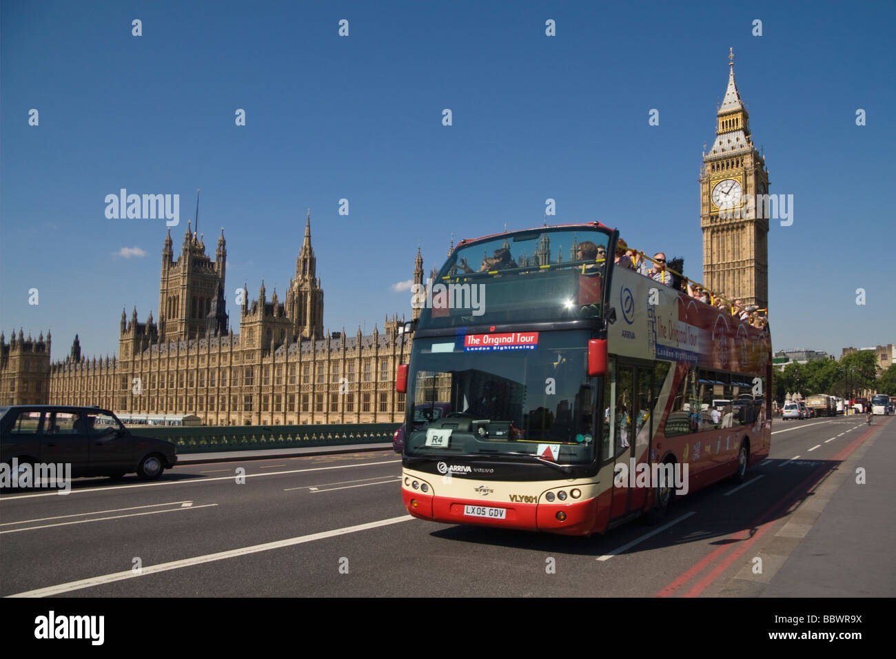 London Tour Bus and "Big Ben" with Houses of Parliament UK Stock Photo ...