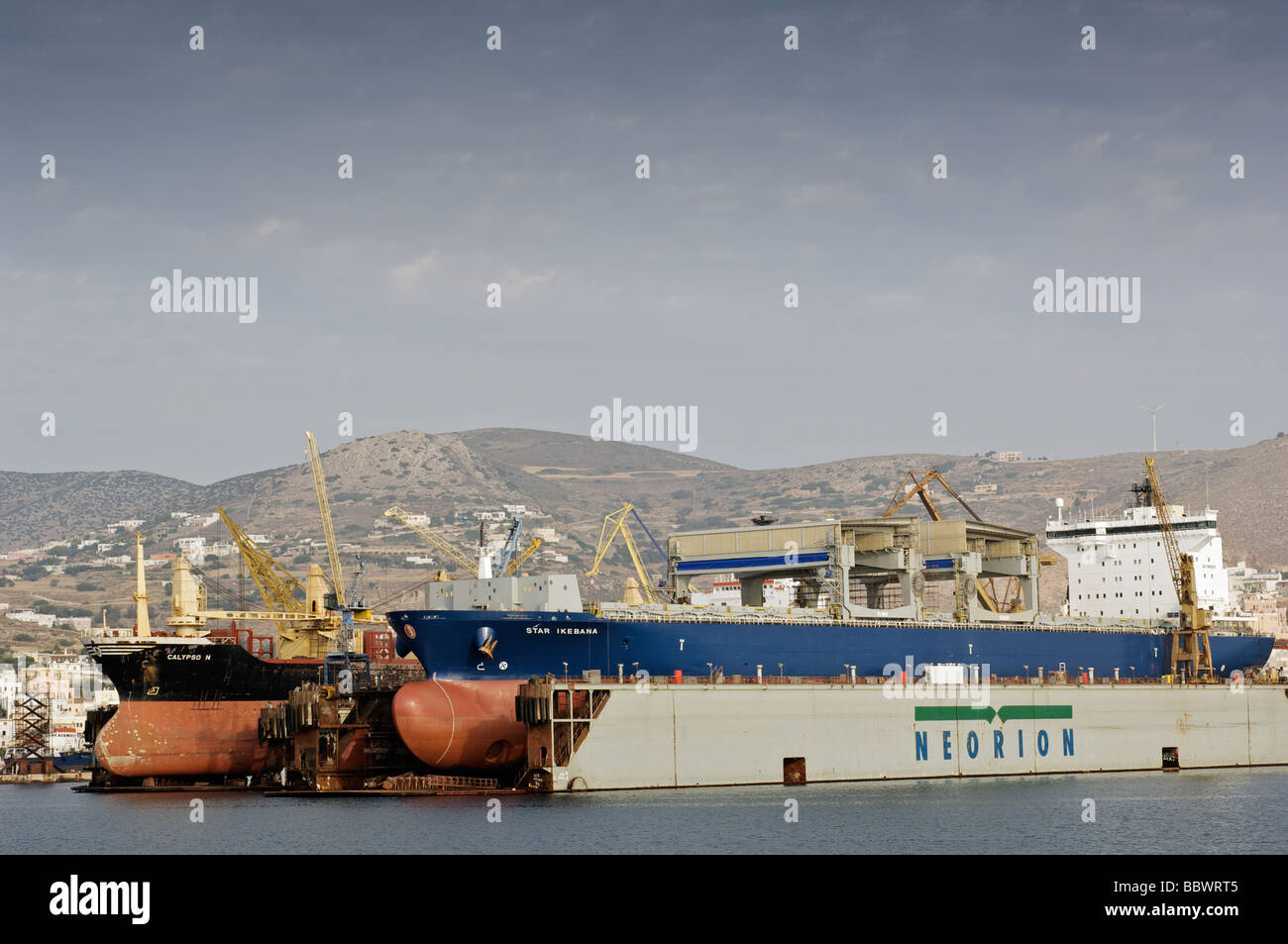 Cargo ships being built and repaired in greek ship yard on the island ...