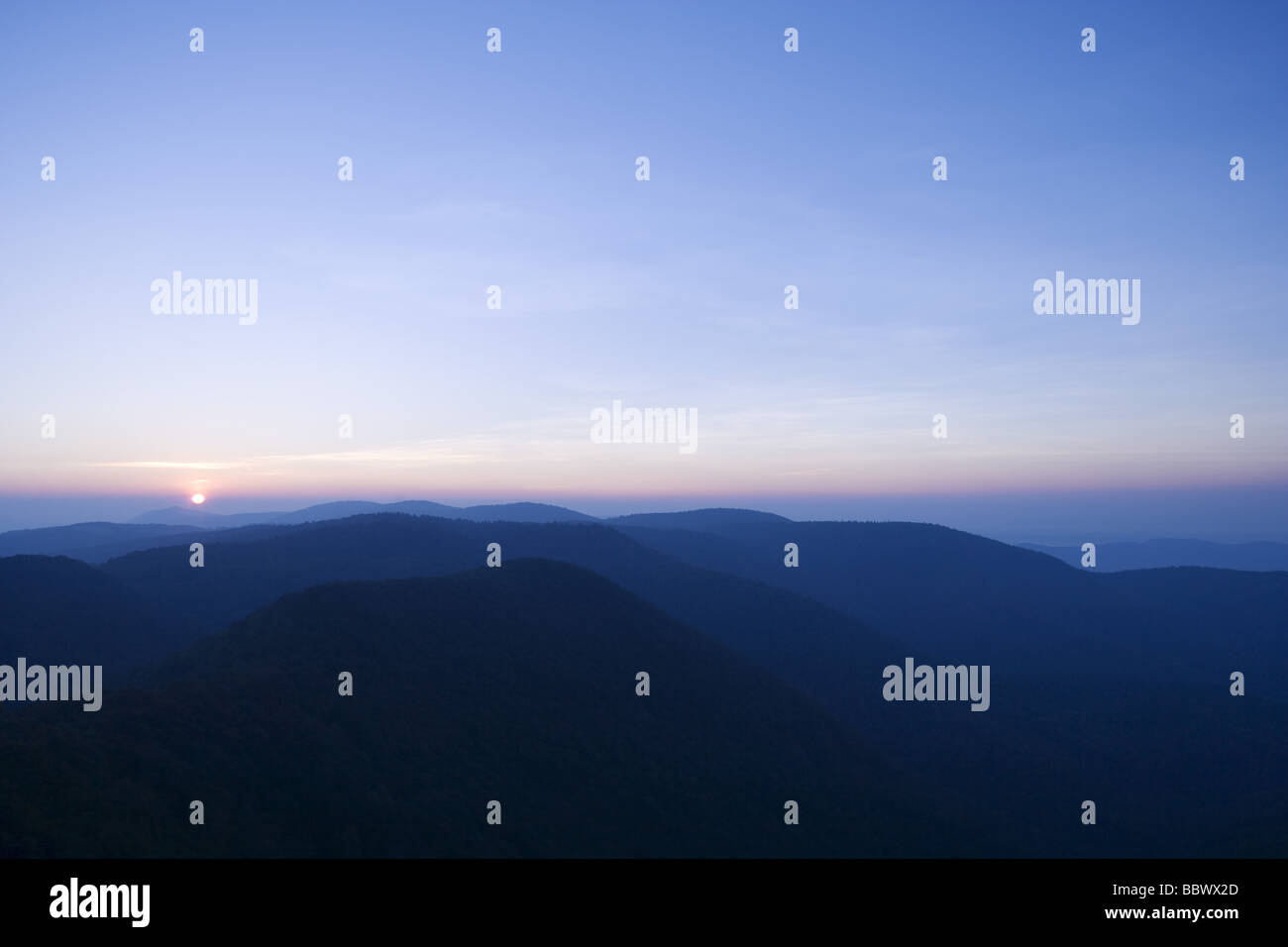 Appalachain Mountains at sunset, view of multiple mountain ridges ...