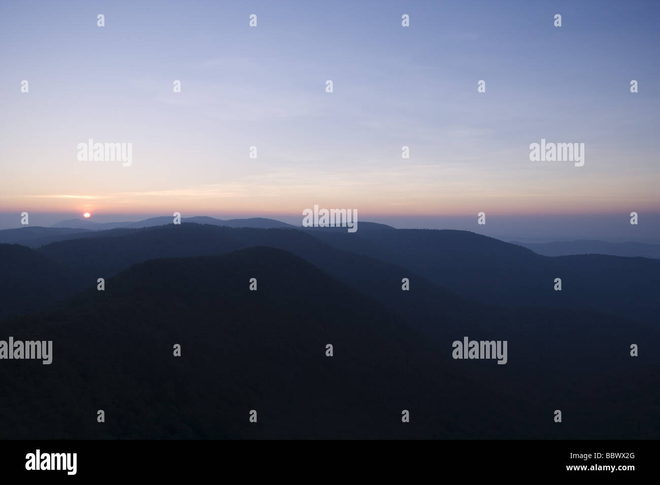 Appalachain Mountains at sunset, view of multiple mountain ridges ...