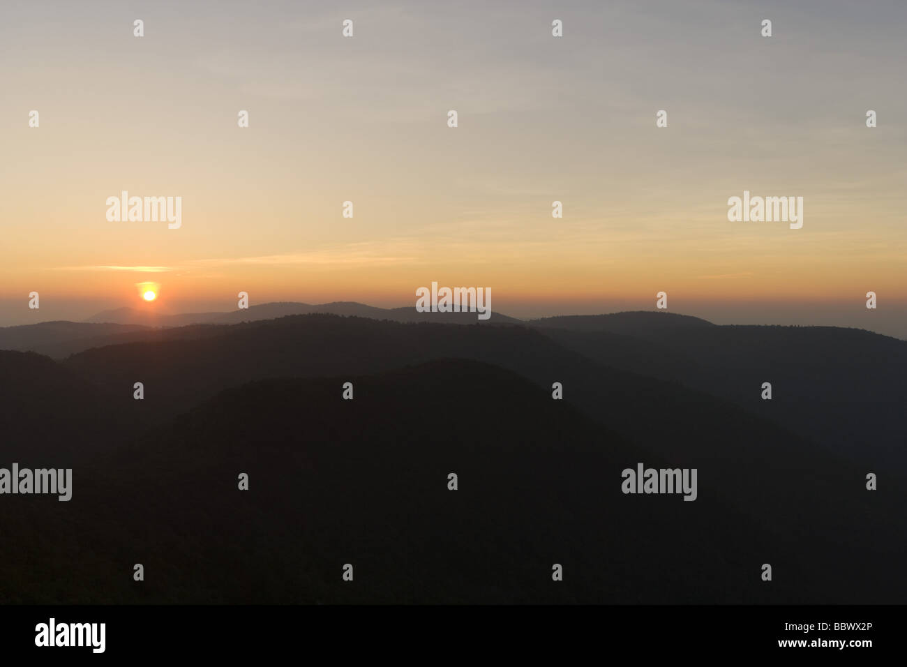 Appalachain Mountains at sunset, view of multiple mountain ridges ...