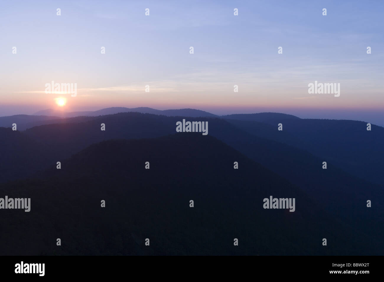 Appalachain Mountains at sunset, view of multiple mountain ridges ...
