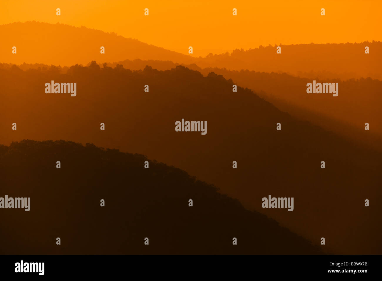Appalachain Mountains at sunset, view of multiple mountain ridges ...