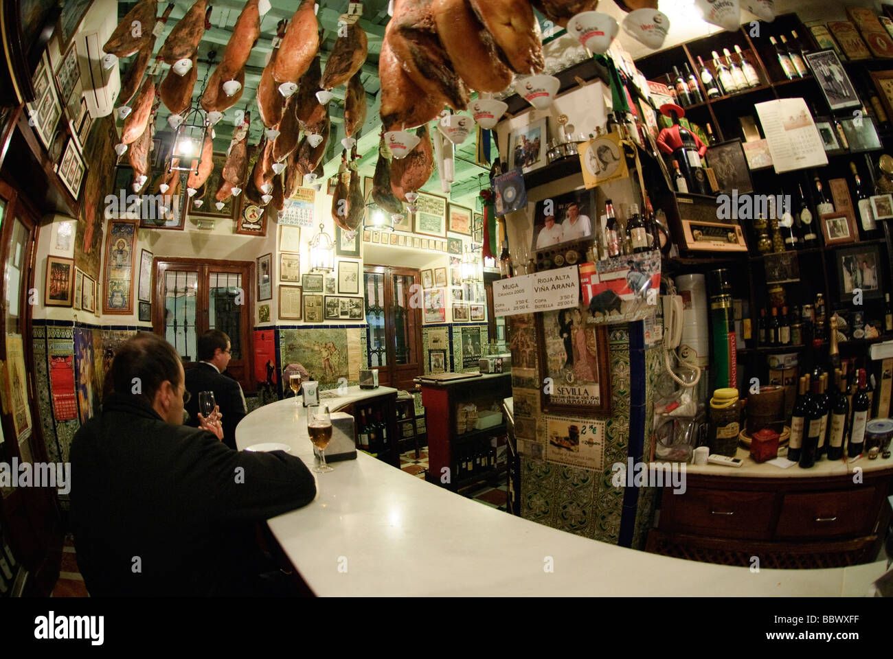 Serrano hams hanging from the ceiling in tapas bar in Sevilla Andalucia ...