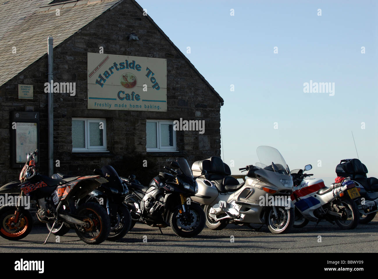Hartside Cafe with motorbikes outside A686 Cumbria Stock Photo - Alamy