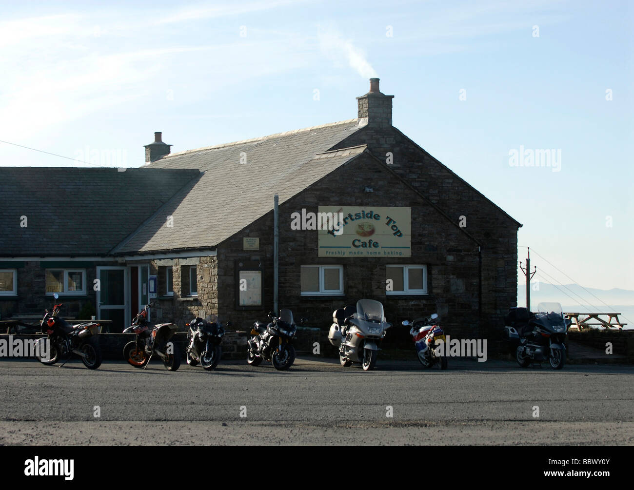 Hartside Cafe with motorbikes outside A686 Cumbria Stock Photo - Alamy