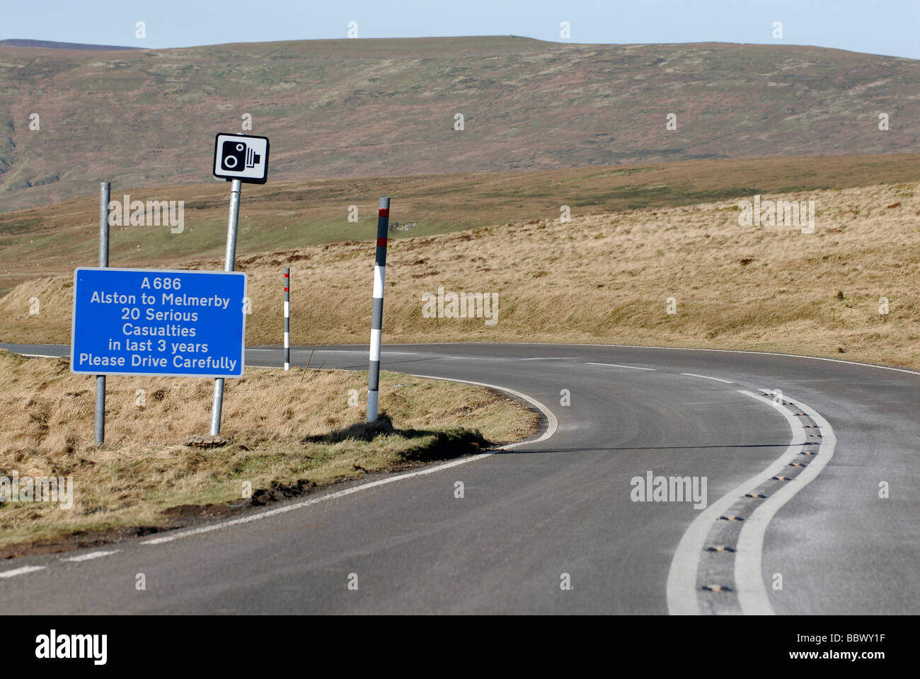 A686 Hartside Melmerby to Alston Cumbria Warning signs to drivers about 20 serious casualties ...
