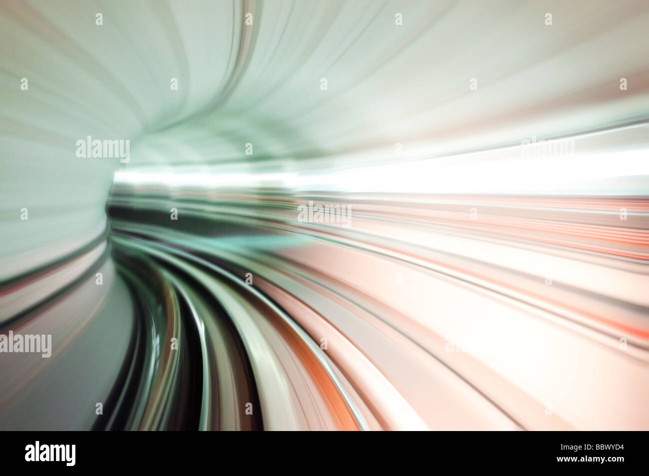 Abstract train tunnel view in high speed. Photo looking in front of a ...