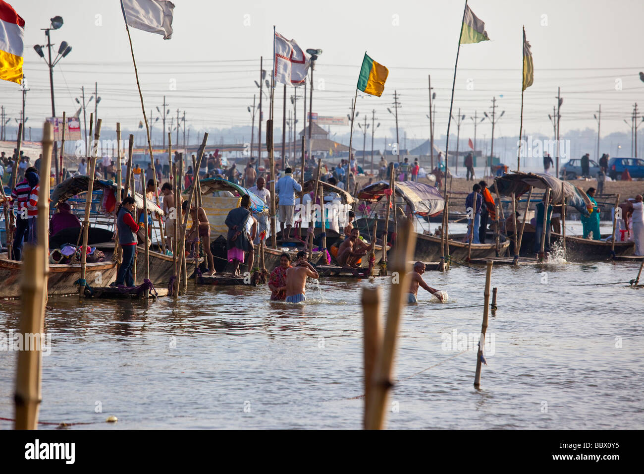 Hindu People Bathing in the Ganga River Confluence in Allahbad India ...