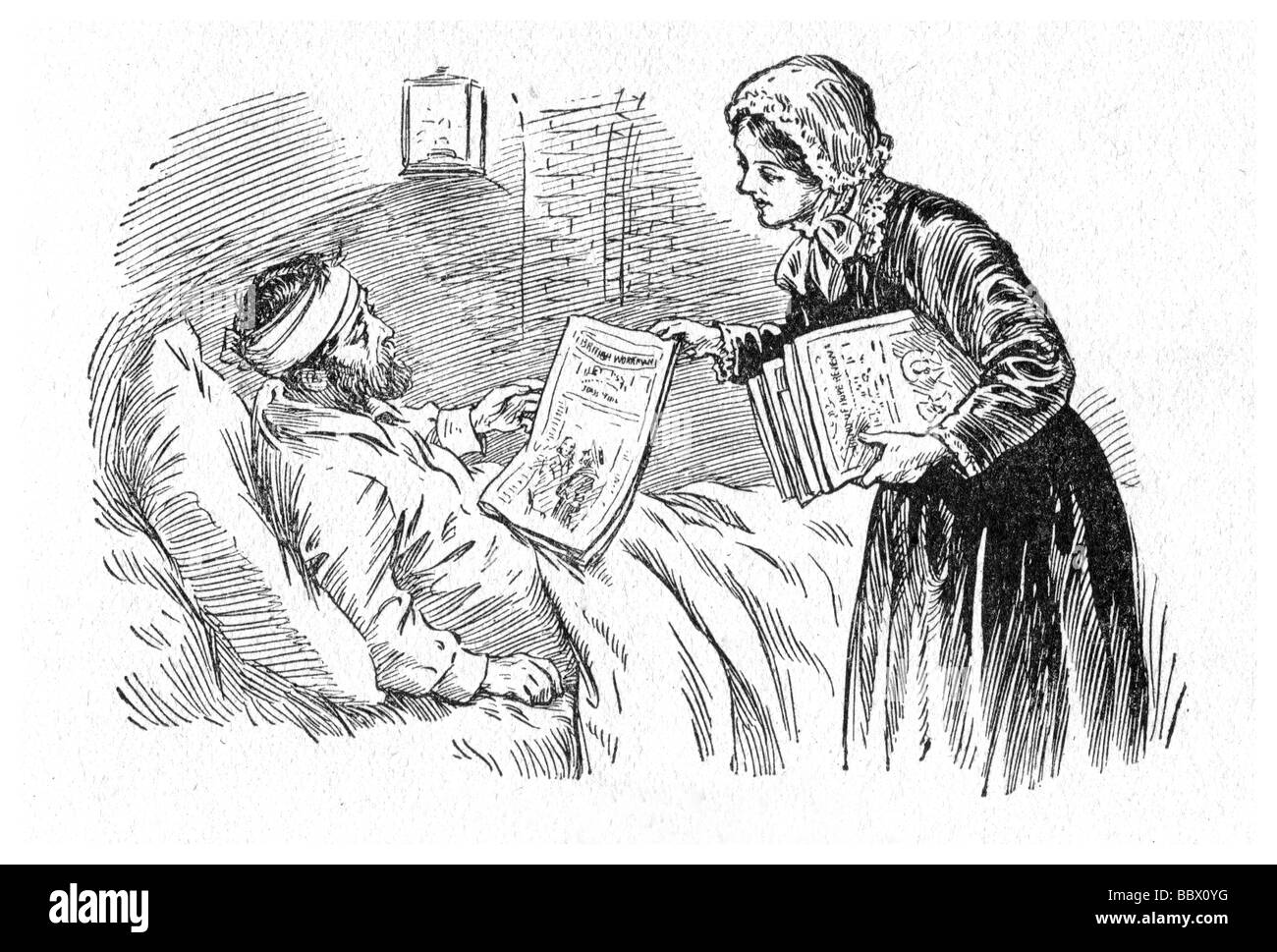 Florence Nightingale offers a newspaper to a wounded soldier at her ...