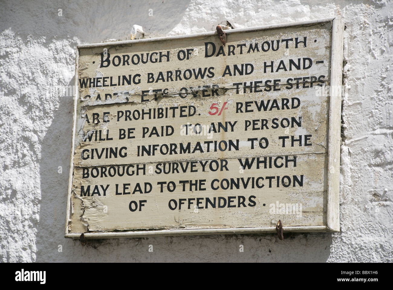 Old sign prohibiting wheelbarrows and carts on steps, Dartmouth, Devon ...