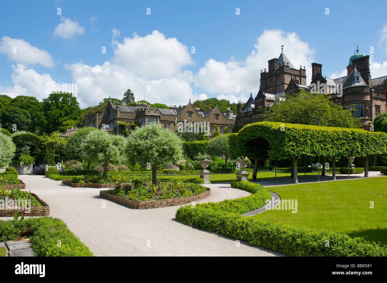 The formal gardens of Holker Hall, near Cartmel, Cumbria, England UK ...