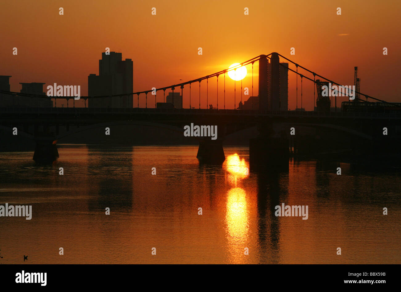 Chelsea Bridge at dawn viewed from Chelsea Embankment London Stock ...