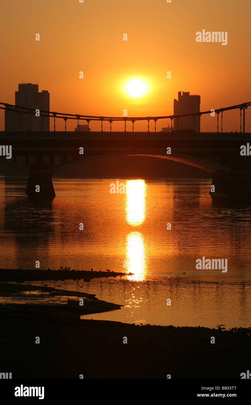 Chelsea Bridge at dawn viewed from Chelsea Embankment London Stock ...