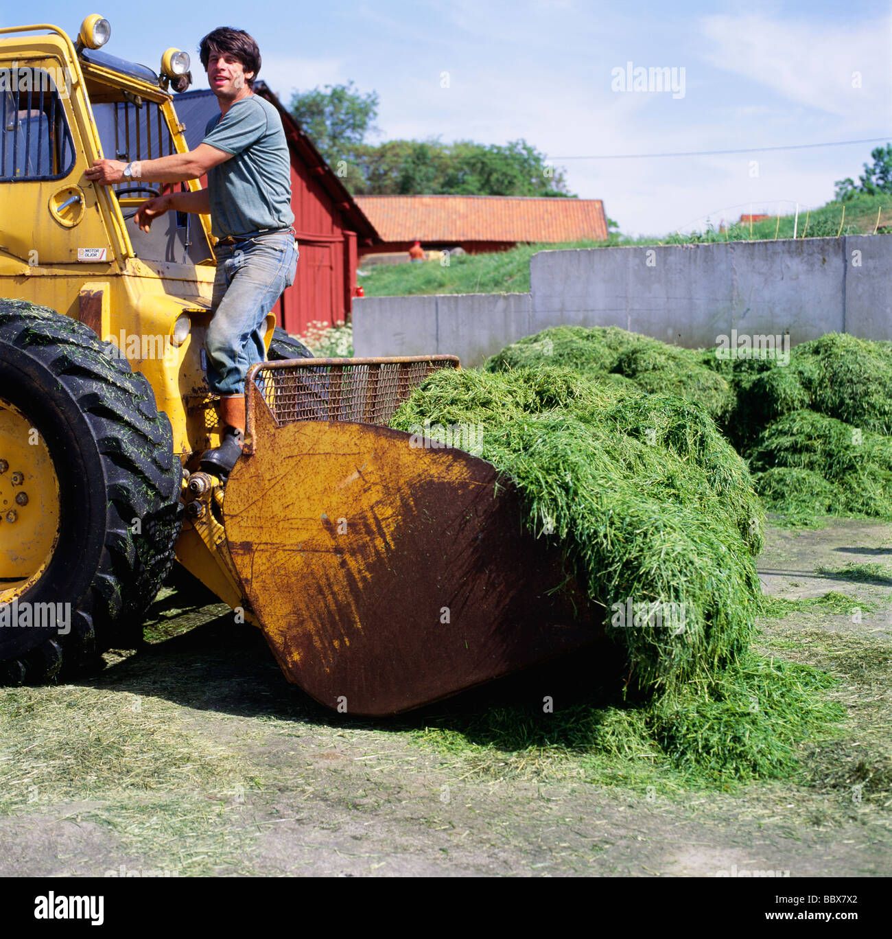 Young man standing on bulldozer Stock Photo - Alamy