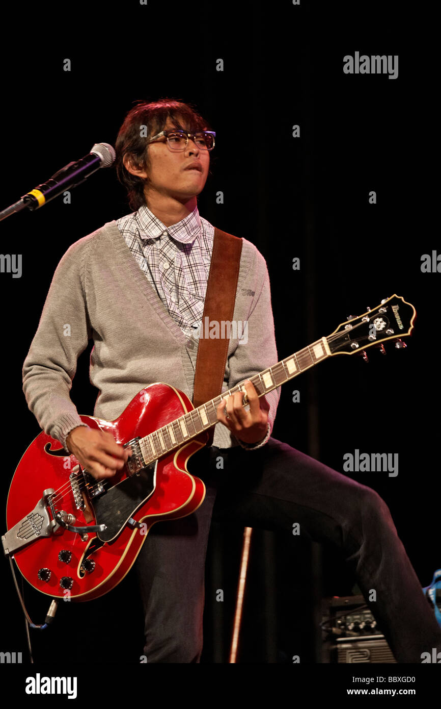 Playing guitar stage. Indonesian Jazz band Mocca and their lead ...