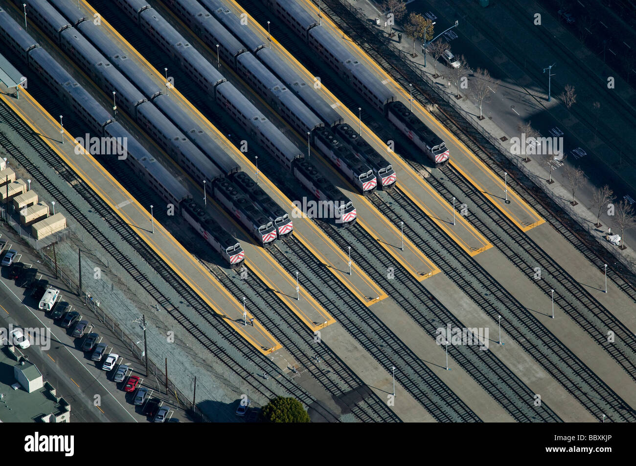 aerial view above CalTrain commuter rail terminal San Francisco ...