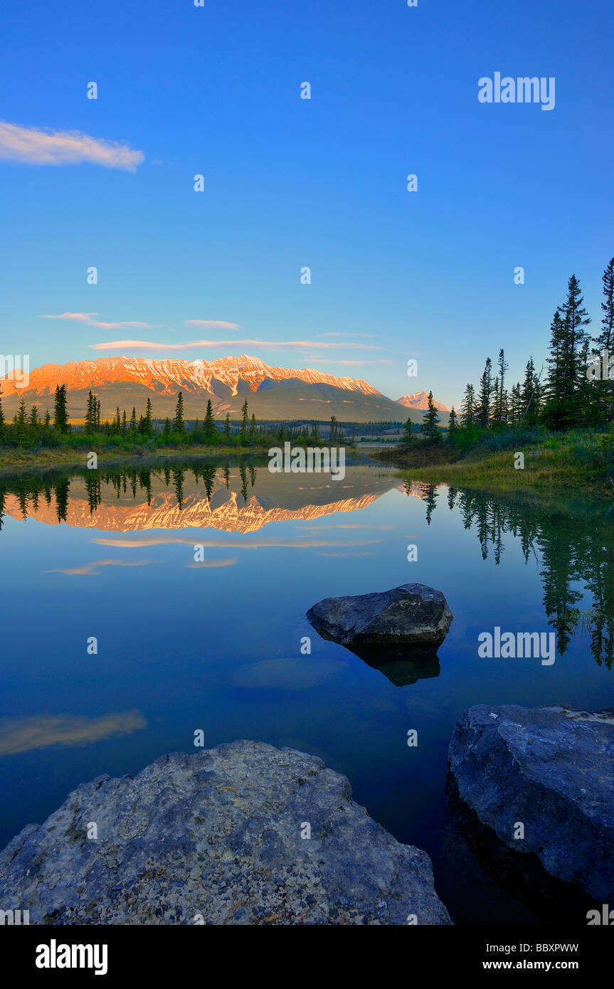 A morning mountain reflection landscape Stock Photo - Alamy