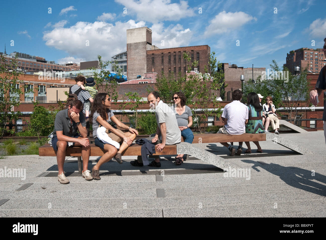 groupings of well-designed benches in the High Line Park in New York ...