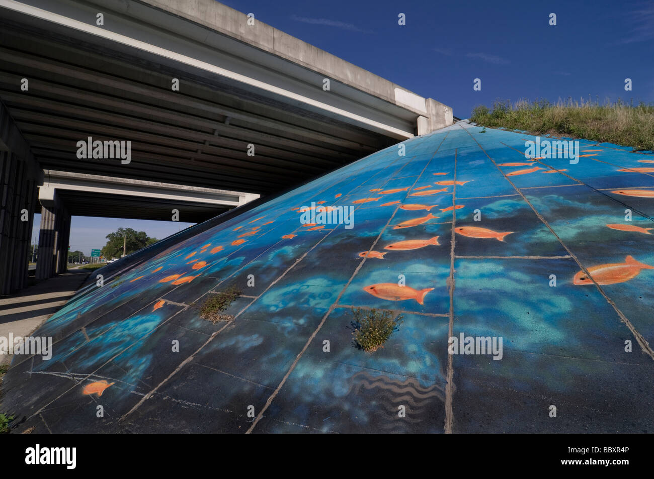 undersea mural painted on underside of concrete overpass of Interstate ...