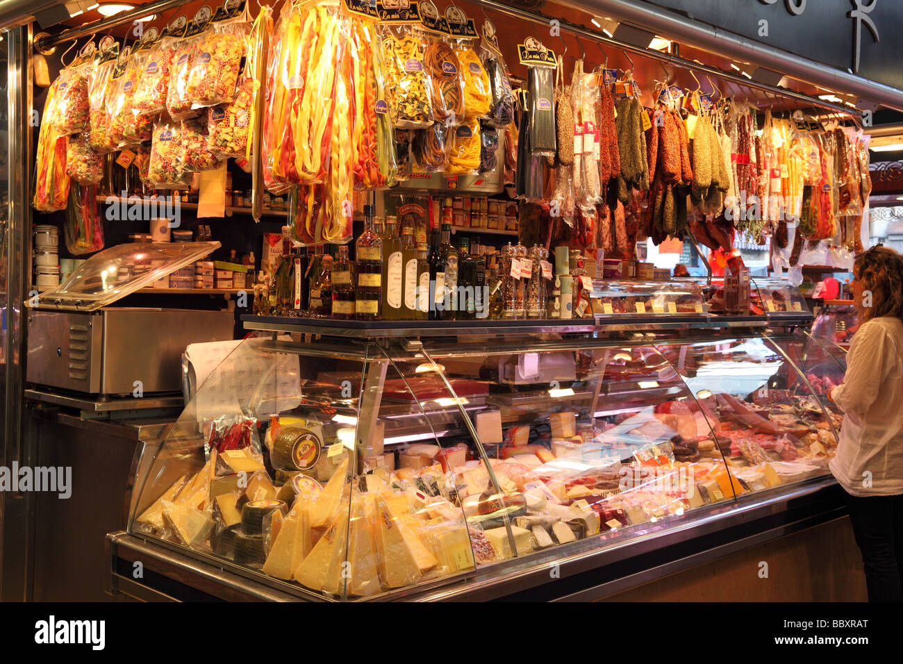 Meat and cheese stall La Boqueria Barcelona Catalunya Spain Mercat St ...