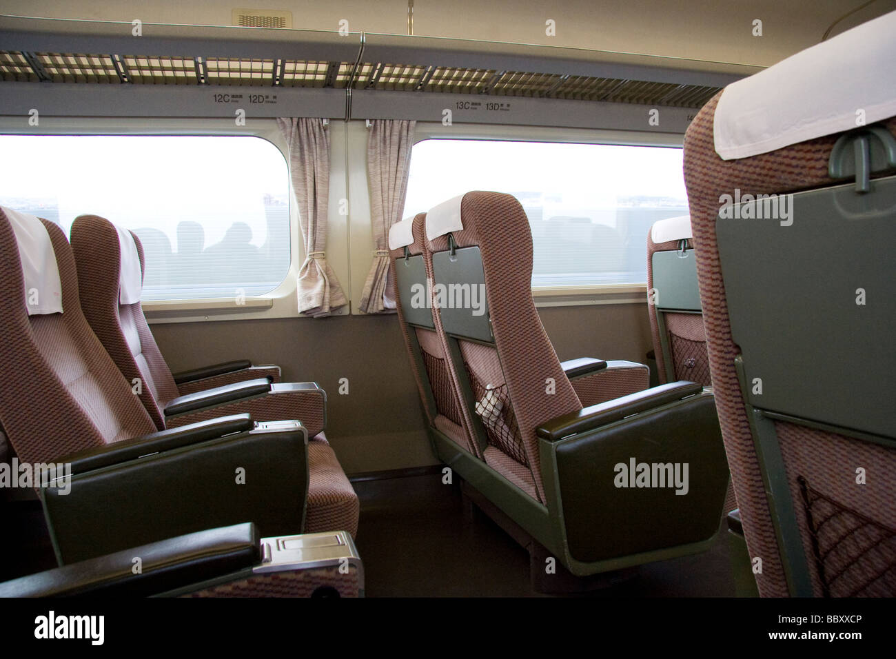 Japan. Interior of normal class carriage on the shinkansen, Bullet train, view from seat over to ...