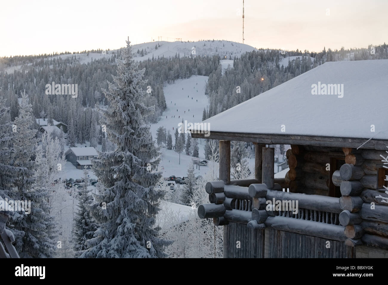 ski resort view with cozy cottage on foreground Stock Photo - Alamy