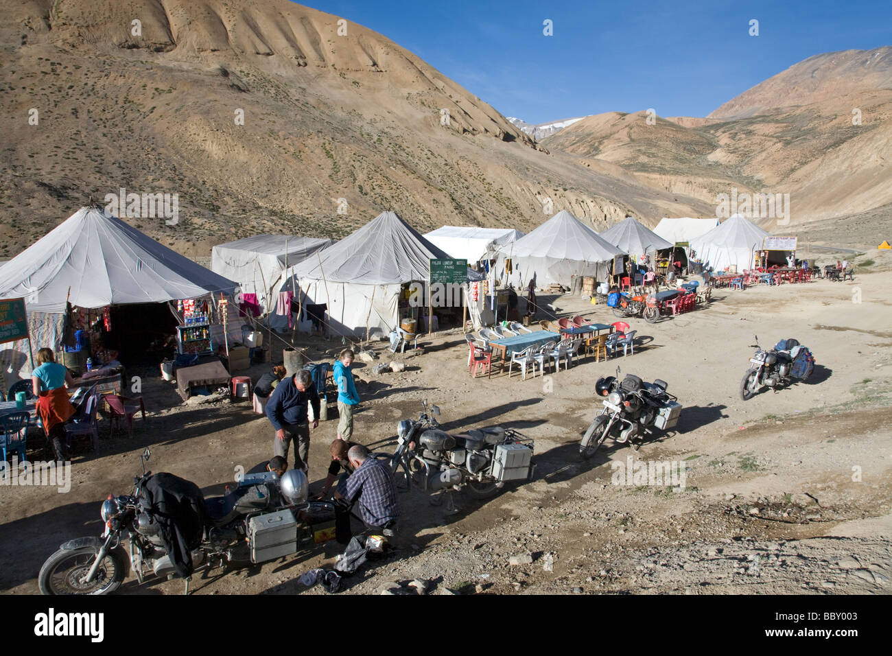 Pang tent village and bikers. Manali Leh road. Ladakh. India Stock ...