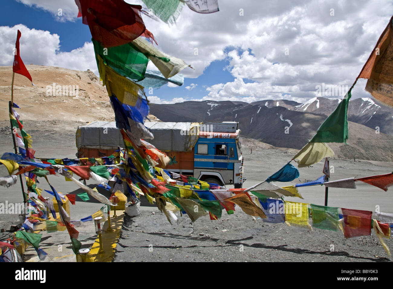Truck at Taglang La Pass (5328m). Manali-Leh road. Ladakh. India Stock ...