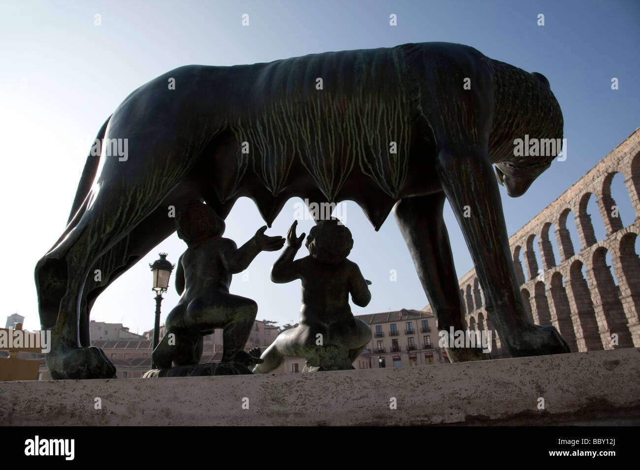 Capitoline Wolf statue and Roman Aqueduct Segovia Spain Stock Photo - Alamy