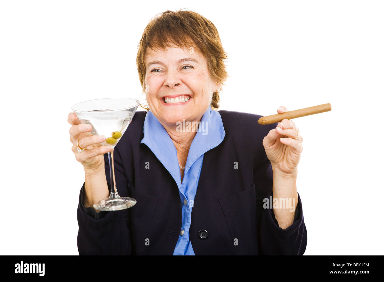 Business woman feeling tipsy from drinking a martini and smoking a ...