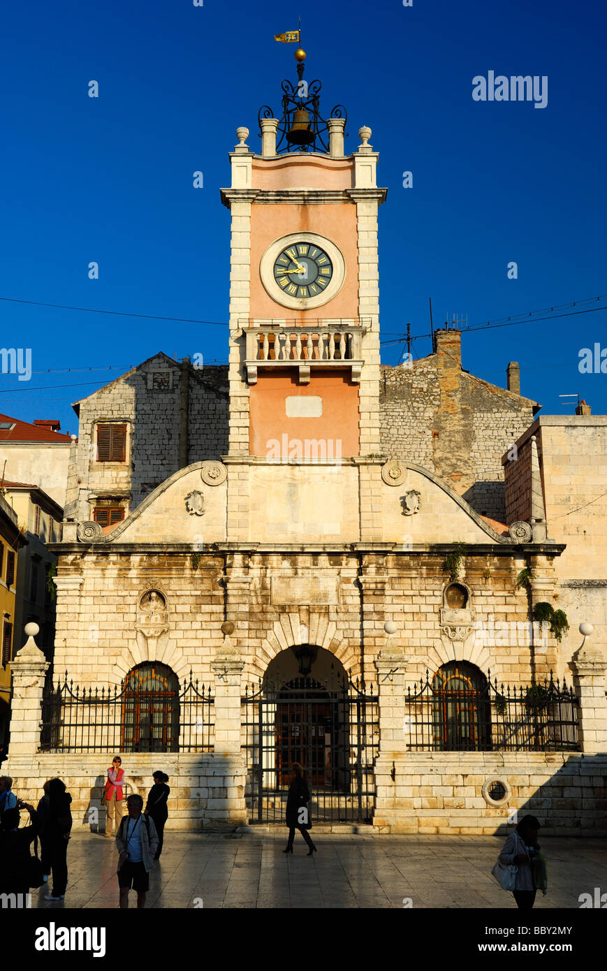 The clock tower in the old town of Zadar on Dalmatian Coast of Croatia ...
