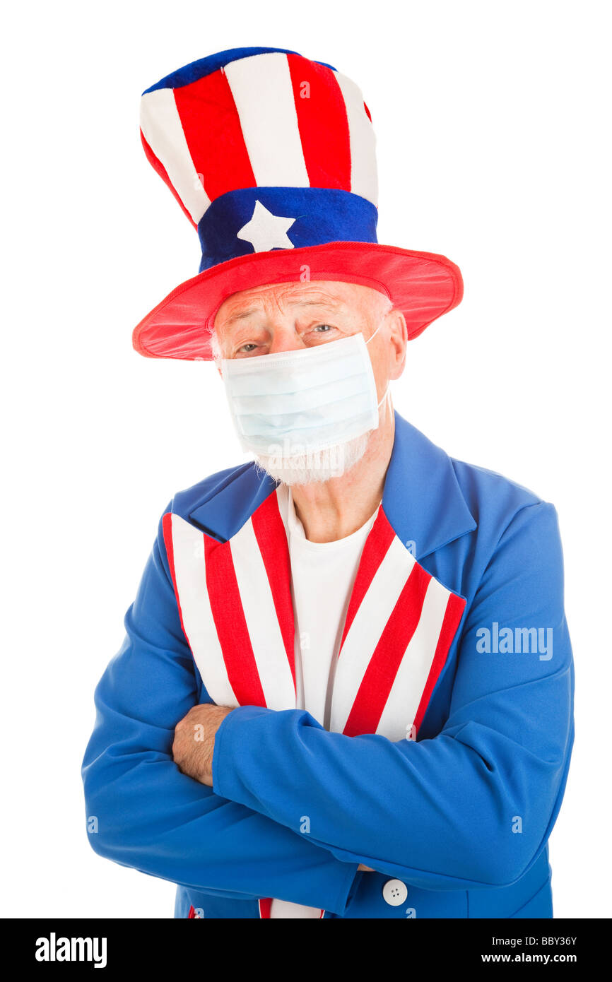 American symbol Uncle Sam wearing a face mask to protect against a ...