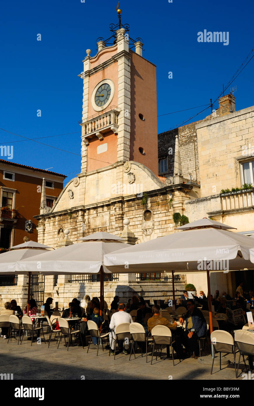 The clock tower in the old town of Zadar on Dalmatian Coast of Croatia ...