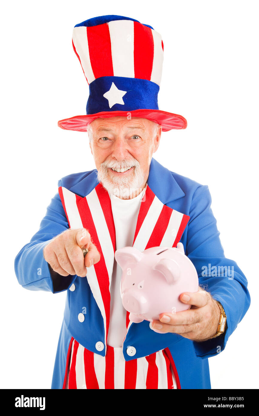 Realistic Uncle Sam holding a piggy bank and asking for donations ...