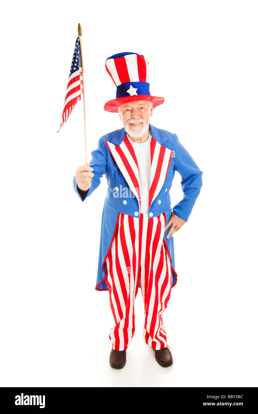 American icon Uncle Sam holding a US flag Full body isolated Stock ...