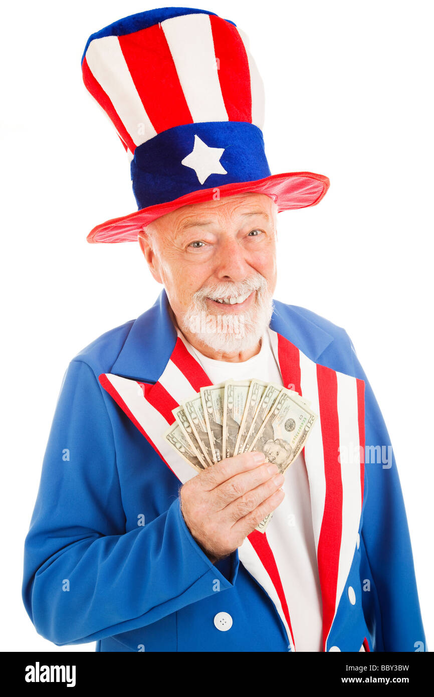 Realistic Uncle Sam smiling and holding a hand full of cash Isolated on ...
