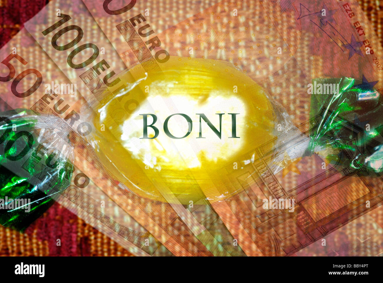 Candy with the words "bonuses" and bank notes, symbolic image for bonus ...