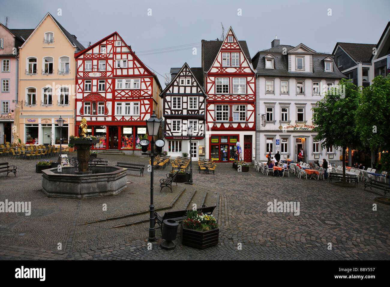 Half-timbered houses on the market square in Hachenburg, Westerwald ...