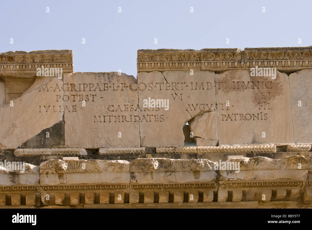 Tribute carved into an ancient roman gate at the Celsus library in ...