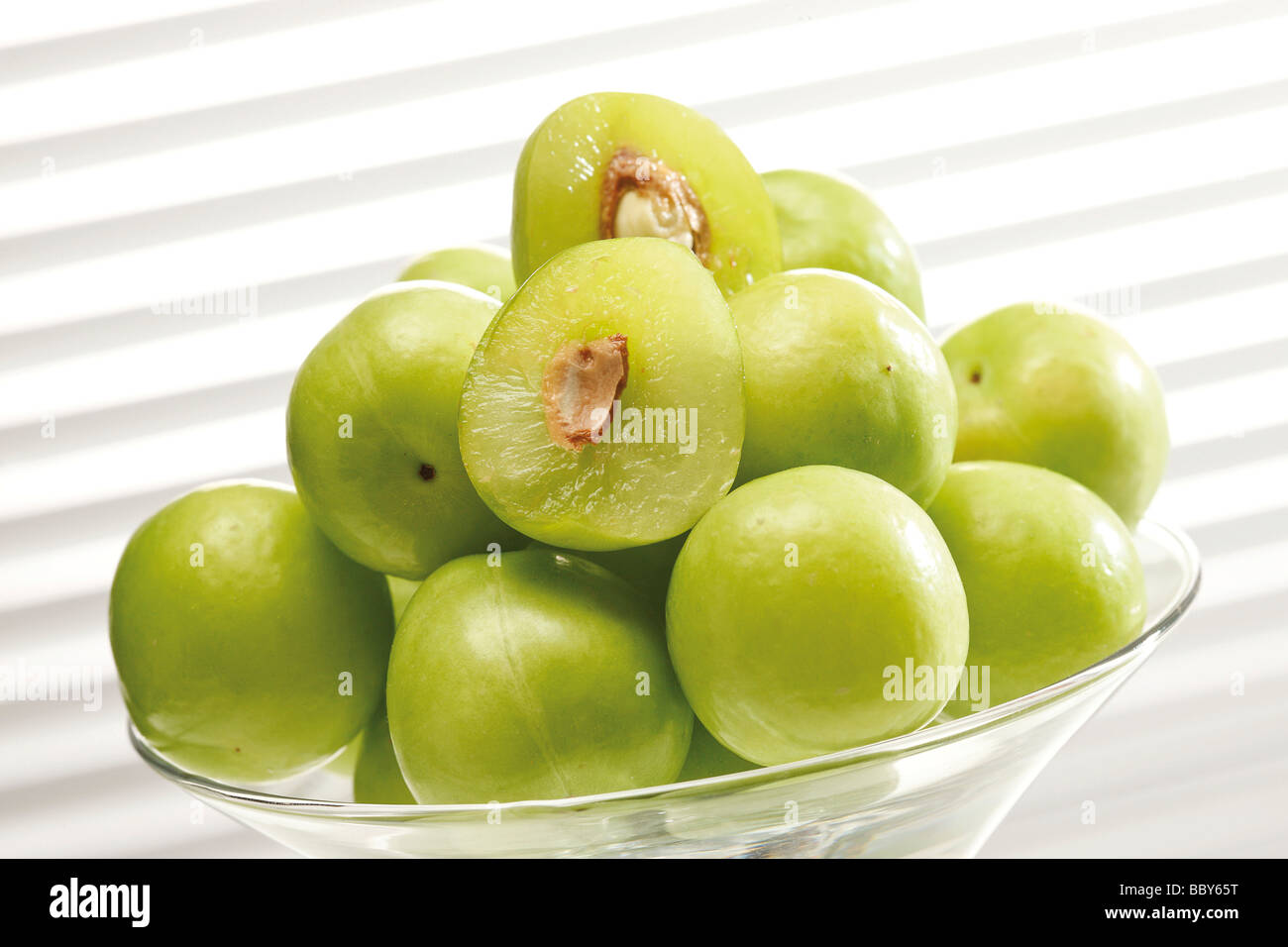 Green plums in a glass Stock Photo - Alamy