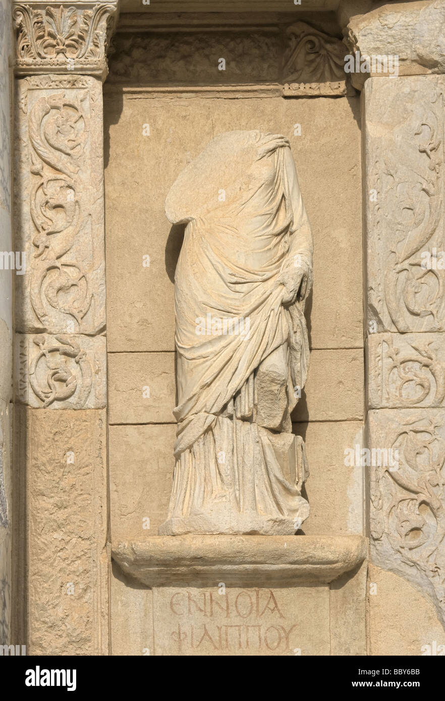 One of four ancient Roman statues at the Celsus library at Ephesus in ...