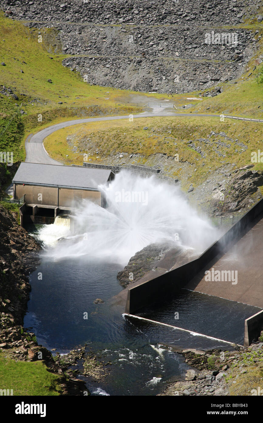 View of the dam and concrete slipway at the end of the Llyn Brianne ...