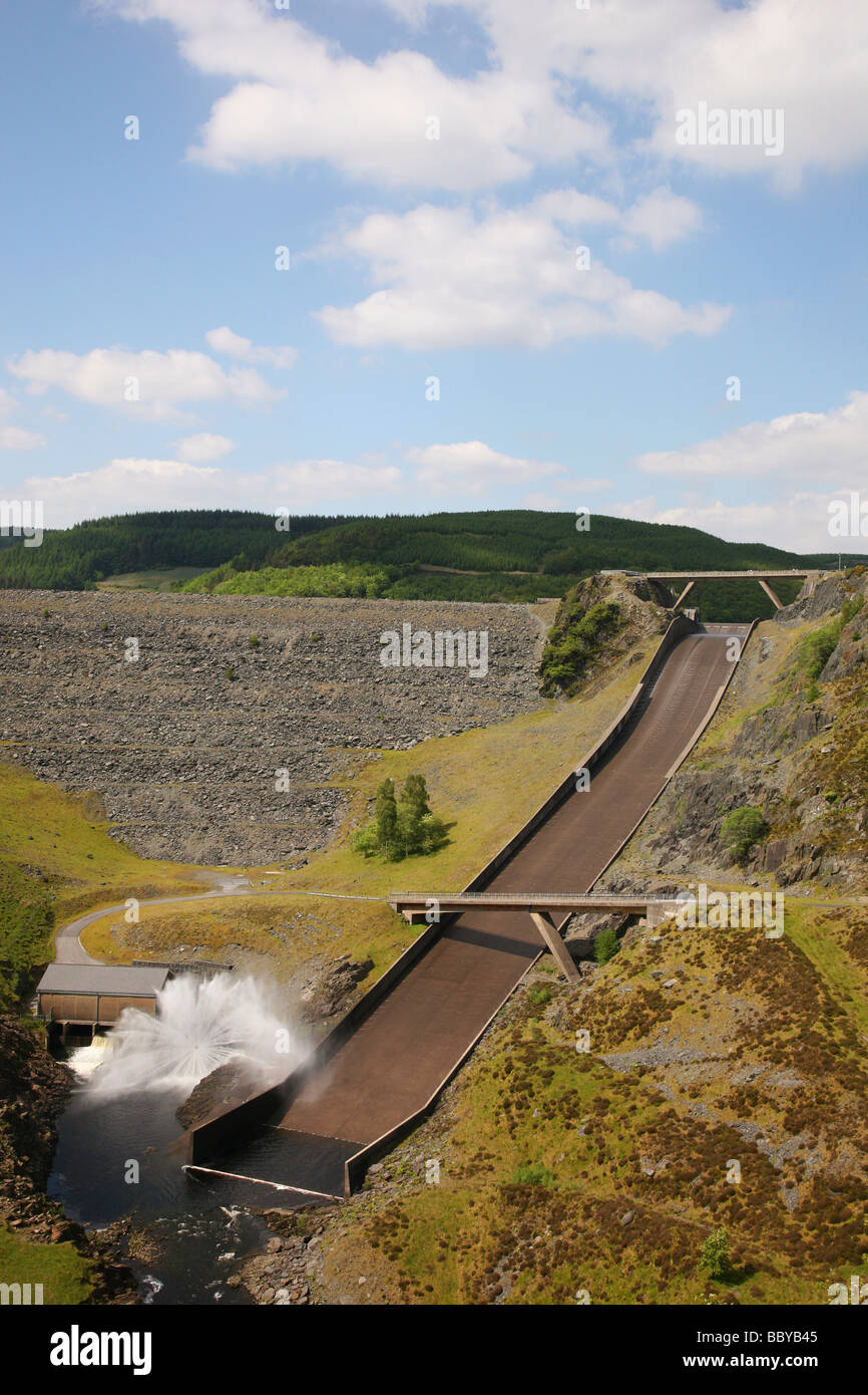 View of the dam and concrete slipway at the end of the Llyn Brianne ...