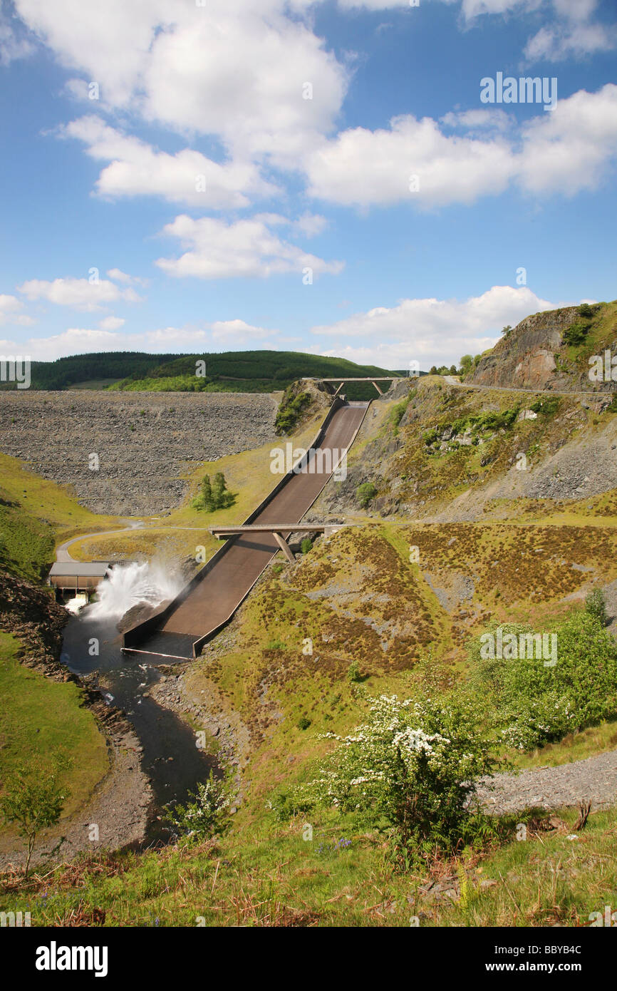 View of the dam and concrete slipway at the end of the Llyn Brianne ...