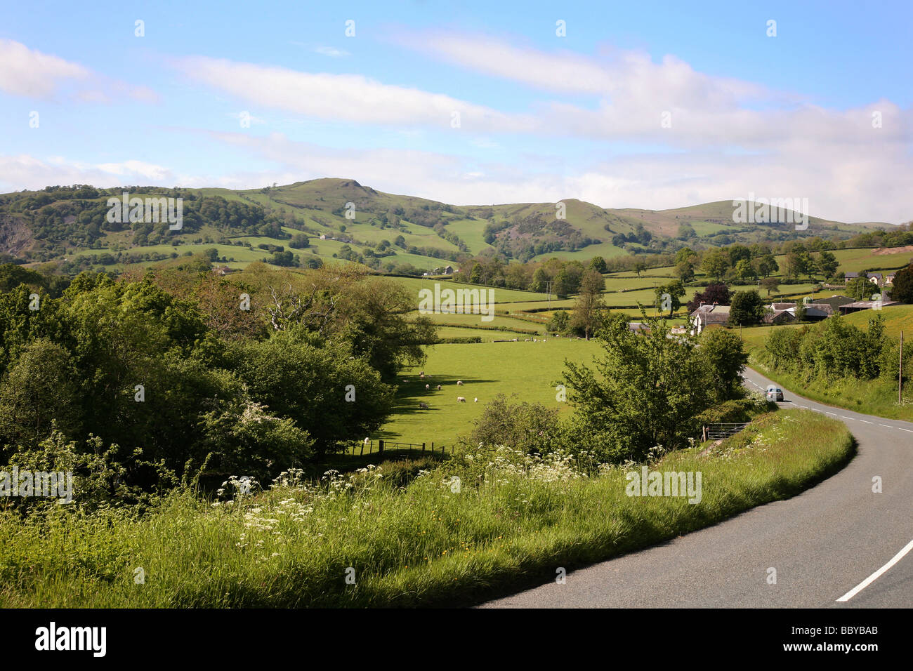 Roadside view of the rolling hills and the beautiful Welsh countryside ...