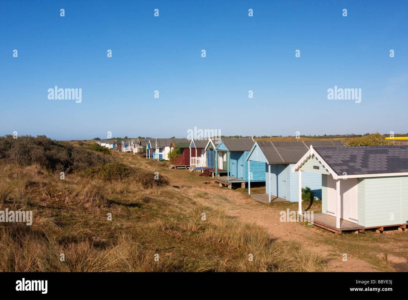 Beach huts on the sand dunes at Old Hunstanton on the North Norfolk ...